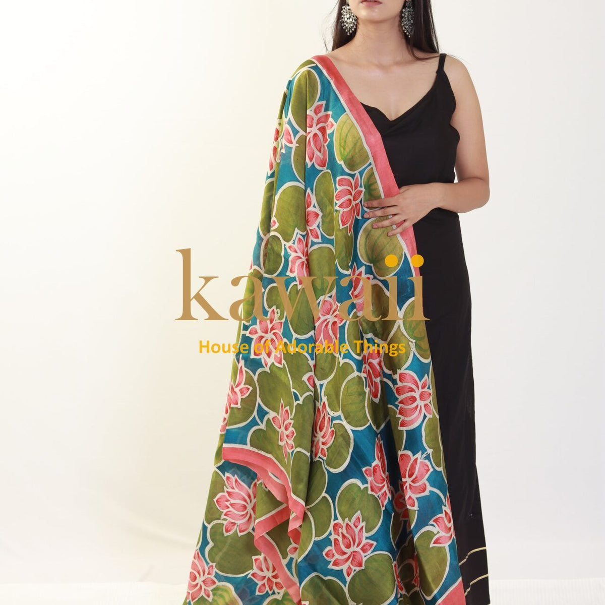 Jalaj - Handpainted Lotus - Kalamkari Design and Batik Pure Silk Dupat ...