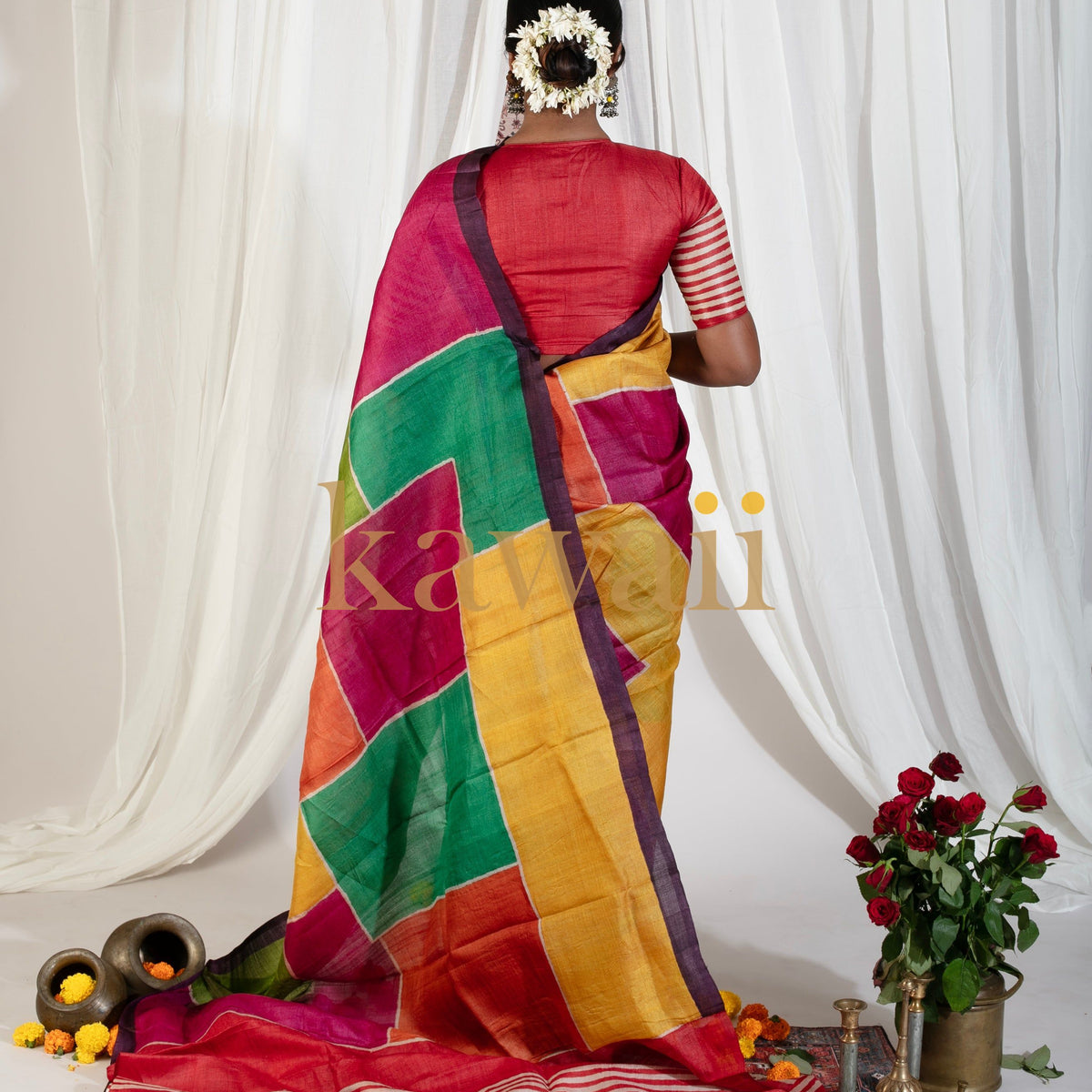 Navrang Tussar Silk Block Print Saree in Vibrant Colors | Kawaii